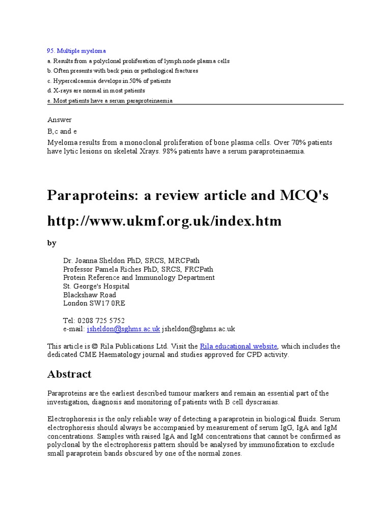 Paraproteins A Review Article and MCQ's | PDF | Antibody | Gel ...