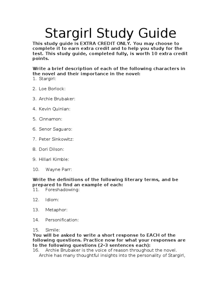Stargirl Study Guide for Extra Credit | PDF