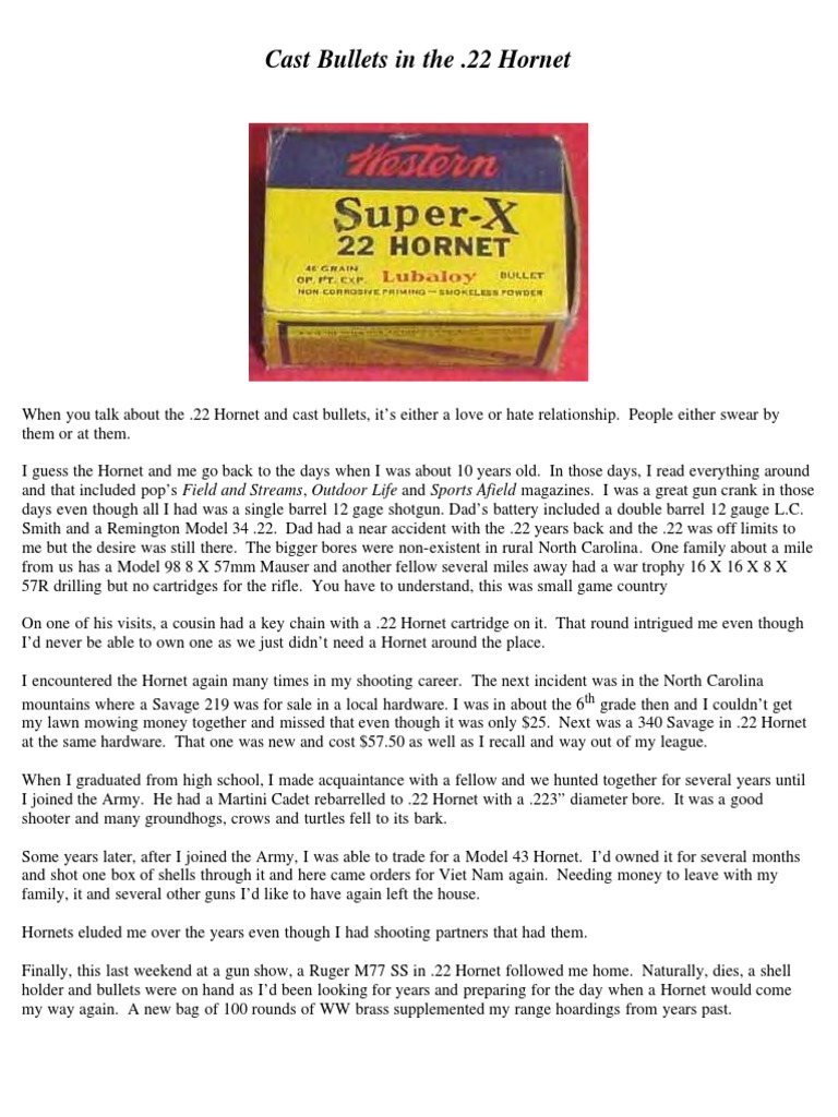 Cast Bullets in The 22 Hornet | PDF | Rifle | Bullet