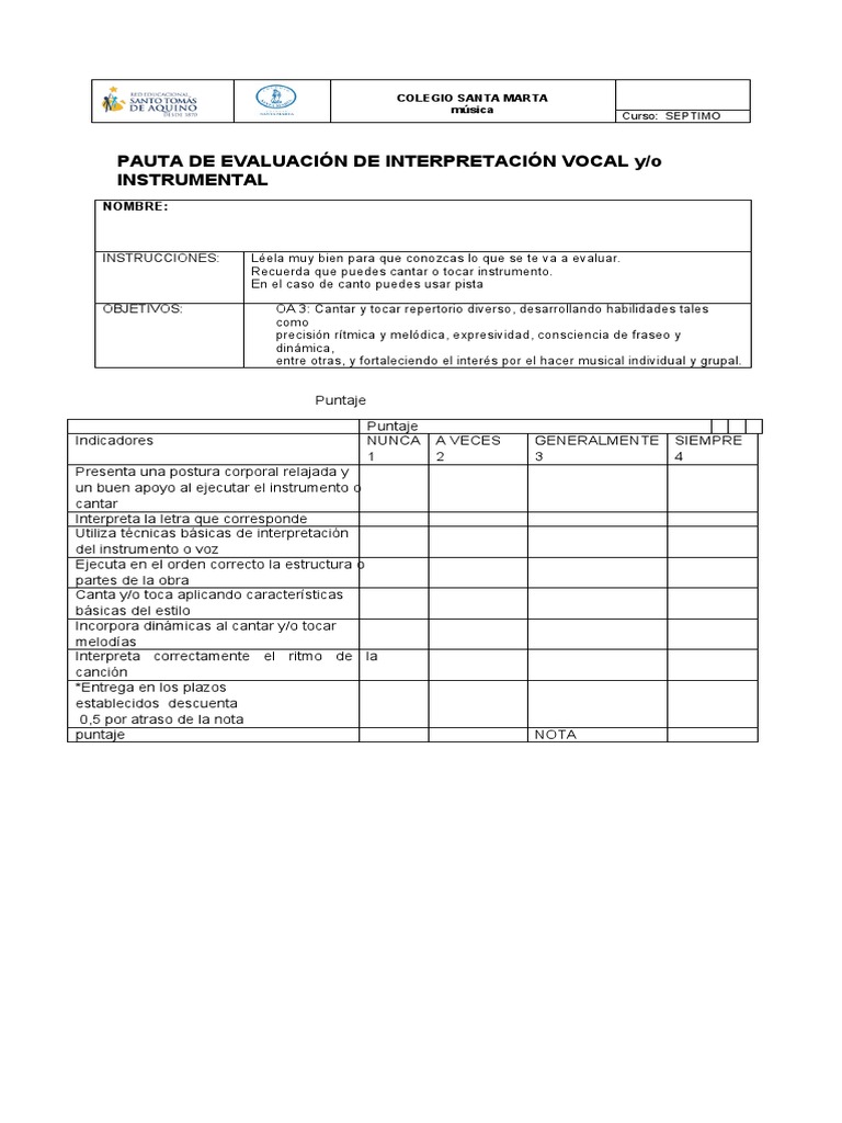 Pauta de Evaluacion de Canto e Interpretacion Musical | PDF