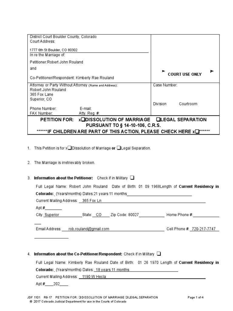 Divorce - JDF 1101 - Petition For Dissolution of Marriage or Legal ...