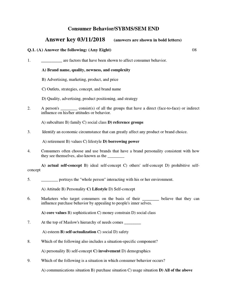 Answer Key 03/11/2018: Consumer Behavior/SYBMS/SEM END | PDF | Consumer ...