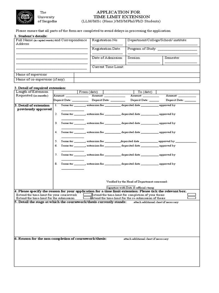 Application For Time Limit Extension: (LLM/MSC (Hons.) /Ms/Mphil/Phd ...