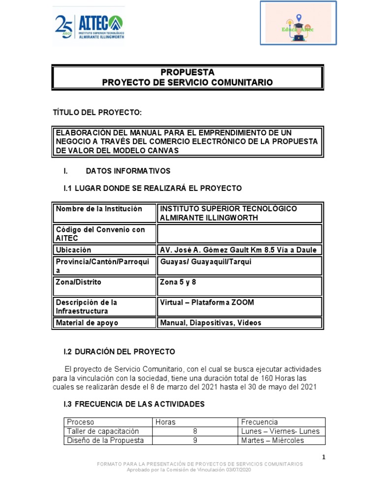 Formato para La Presentación de Propuesta de Proyecto de Servicios Comunitarios 01-07-2020 | PDF ...