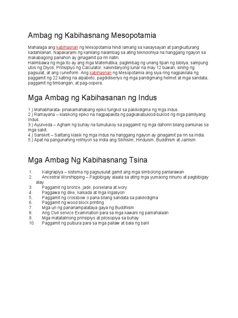 Ambag NG Kabihasnang Mesopotamia, Indus at Tsino | PDF