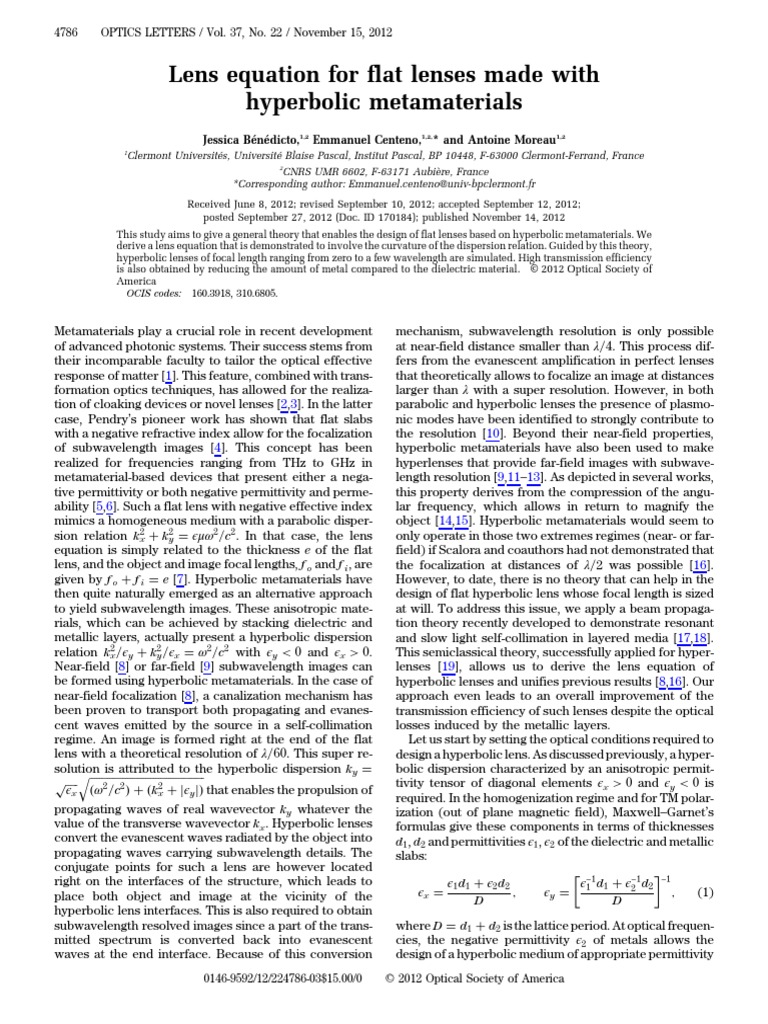 Lens Equation For Flat Lenses Made With Hyperbolic Metamaterials | PDF ...