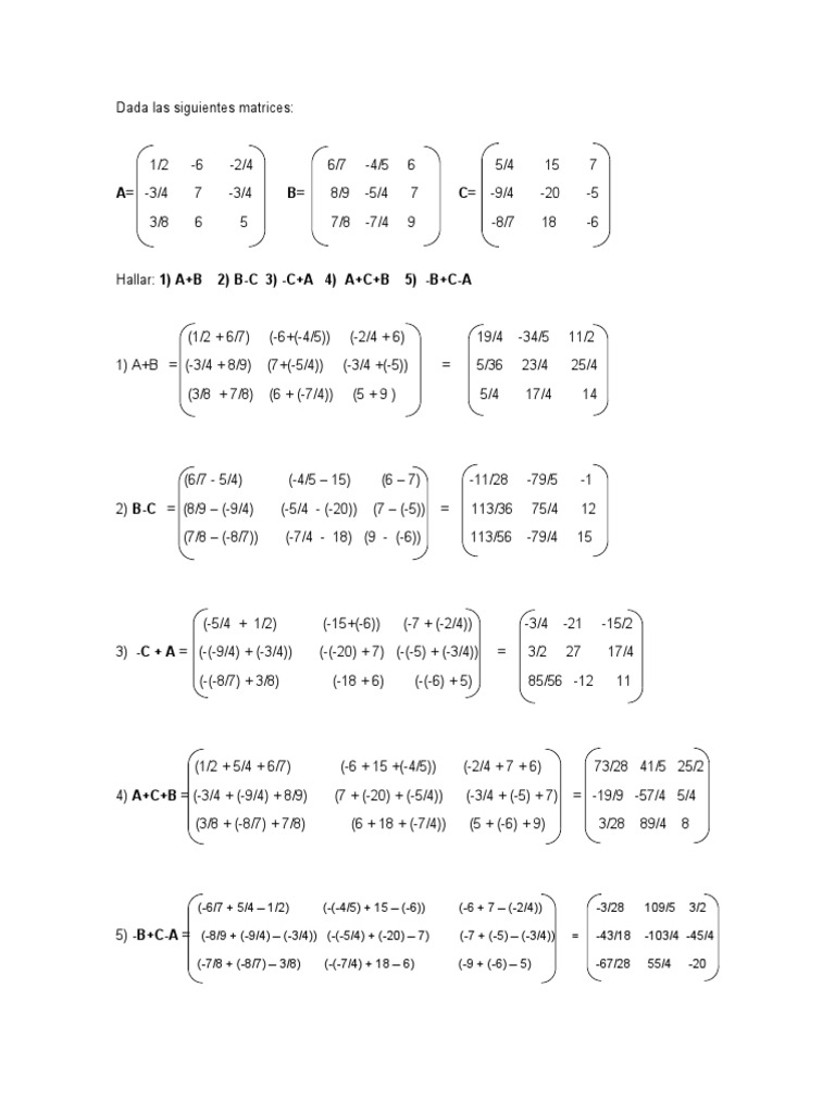 Suma - Resta y Multiplicación de Matrices - Ejercicios | PDF