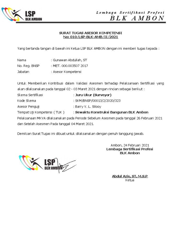 Surat Tugas Asesor Kompetensi | PDF