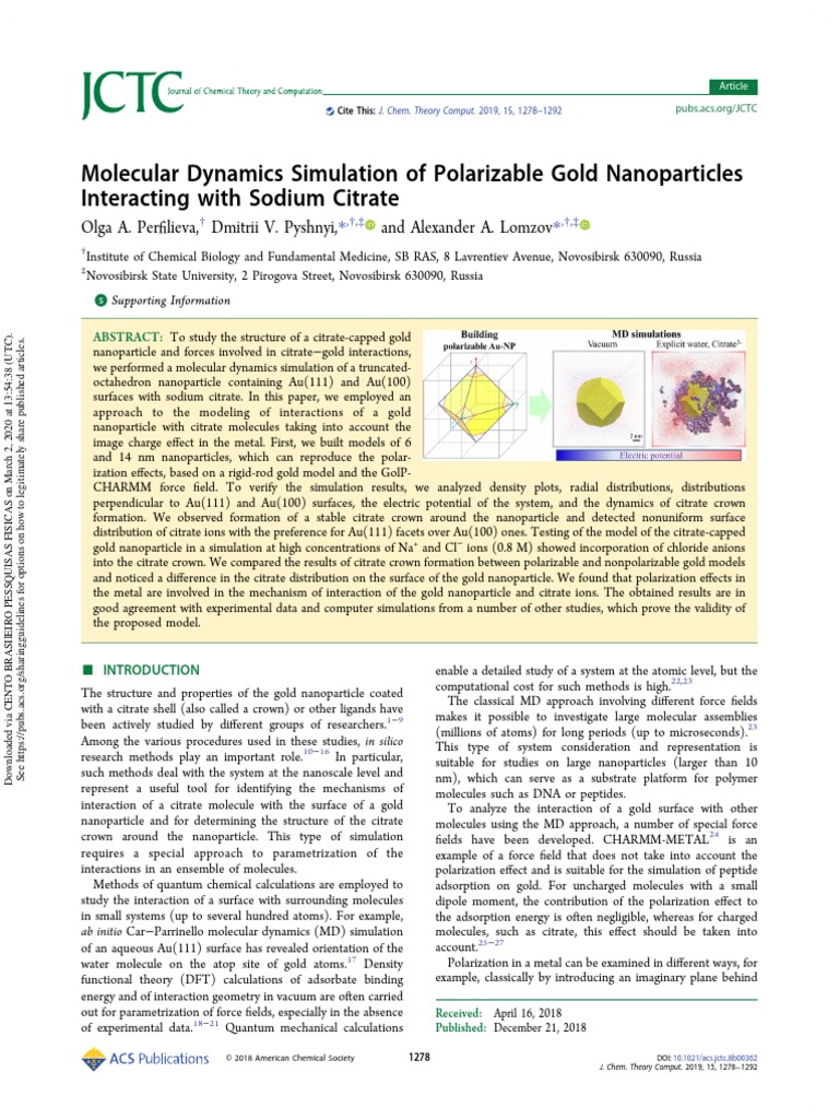 Molecular Dynamics Simulation Of Polarizable Gold Nanoparticles Pdf