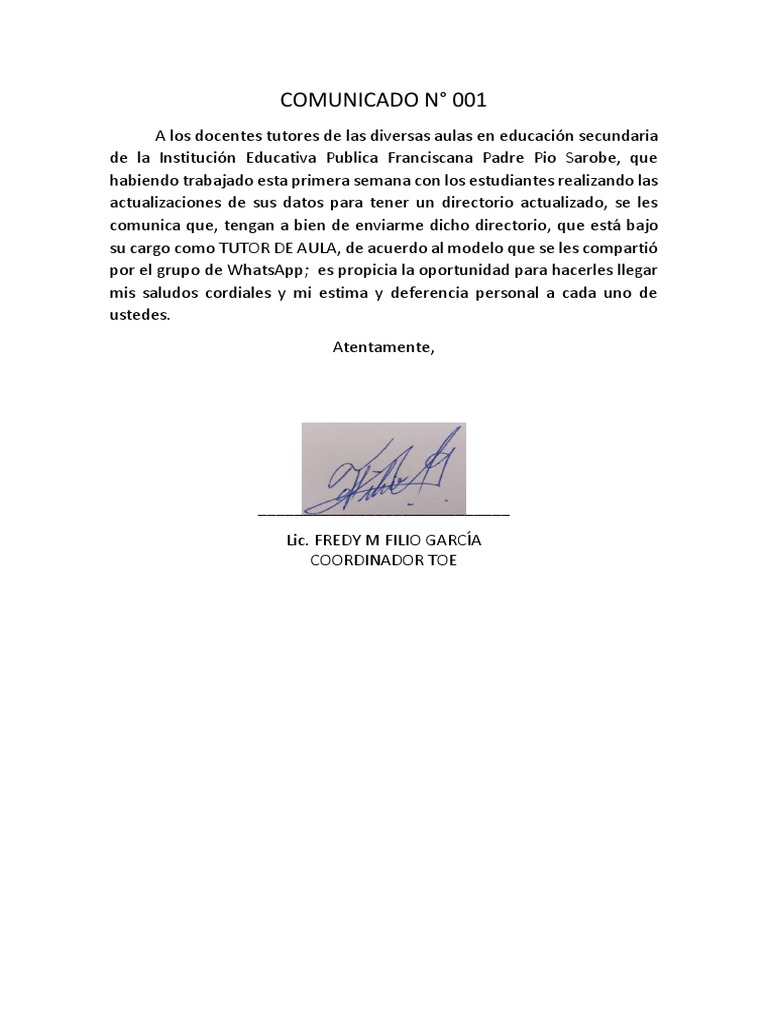 Modelo Comunicado A Tutores | PDF