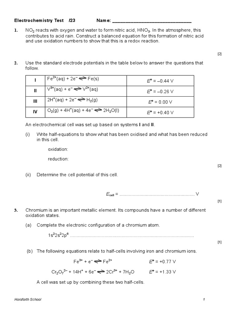 Electrochemistry Test /23 Name: - 1 | PDF | Redox | Electrochemistry