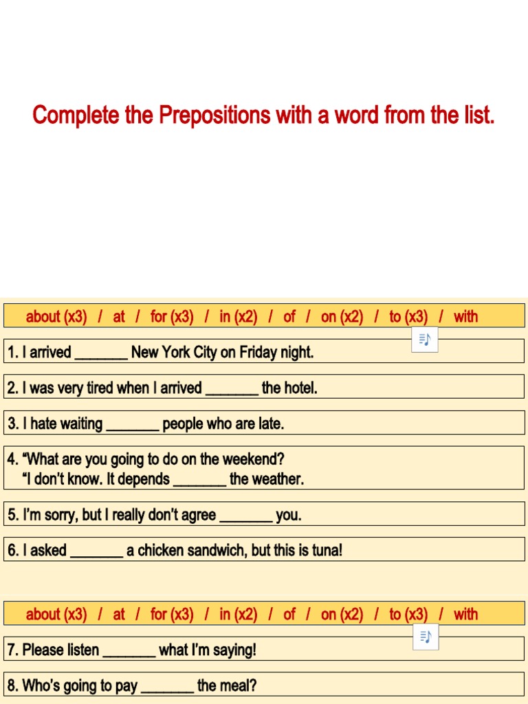Complete The Prepositions With A Word From The List | PDF