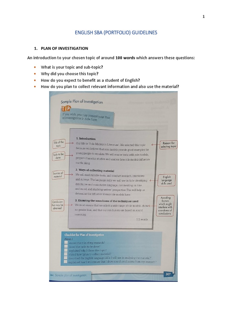 English Sba (Portfolio) Guidelines: 1. Plan of Investigation | PDF ...