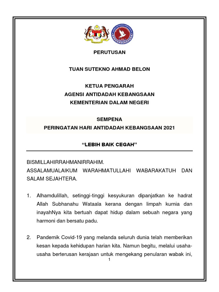 Teks Perutusan Ketua Pengarah AADK Sempena Hari Antidadah Kebangsaan | PDF