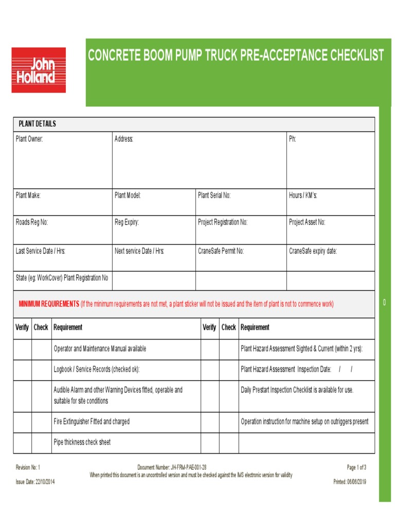 Concrete-Boom-Pump-Truck-Plant-Pre-Acceptance Checklist | Download Free ...