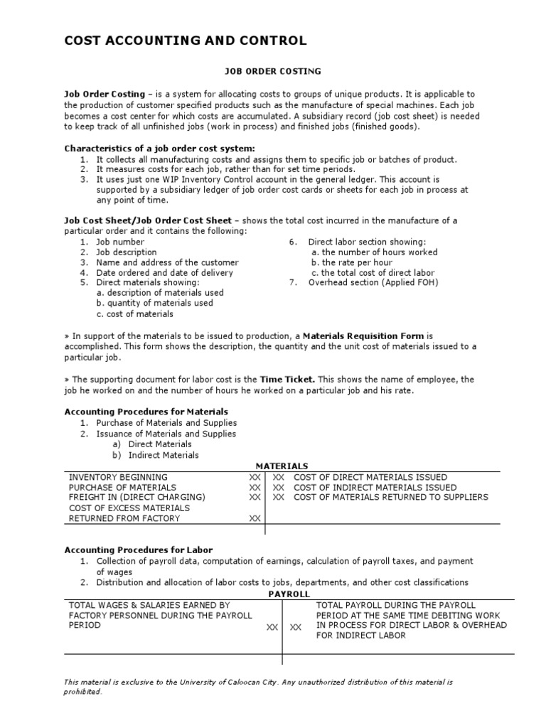 Job Order Costing Process for Sunny Day Manufacturing Company: A ...