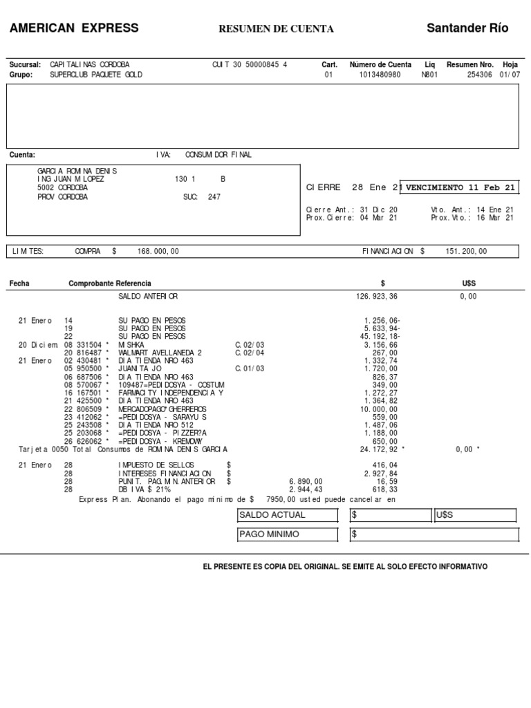 Resumen de Tarjeta de Crédito AMEX-11!02!2021 | PDF | Tarjeta de ...
