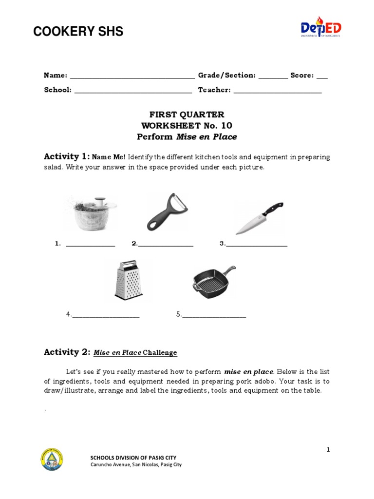 Cookery SHS: First Quarter Worksheet No. 10 Perform Mise en Place ...