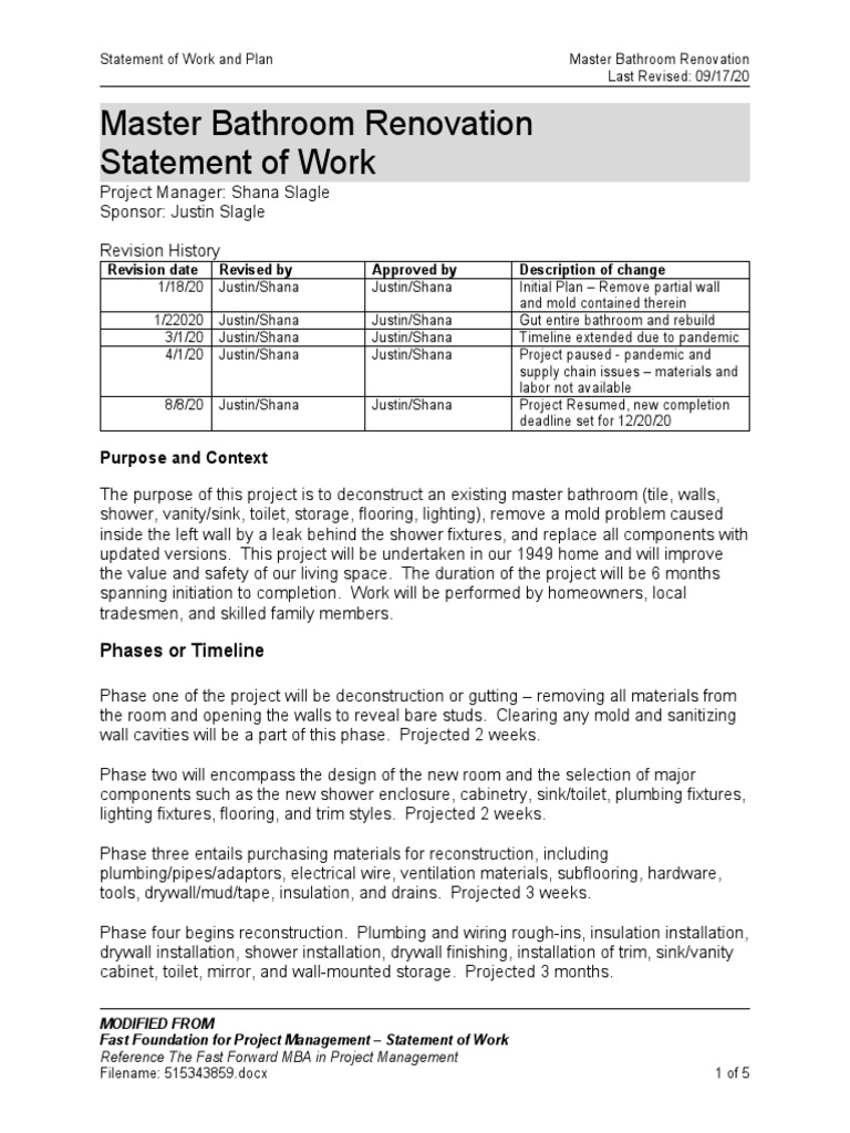 Master Bathroom Renovation Statement of Work: Purpose and Context | PDF | Wall | Bathroom