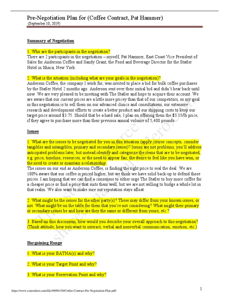This Study Resource Was: Pre-Negotiation Plan For (Coffee Contract, Pat ...