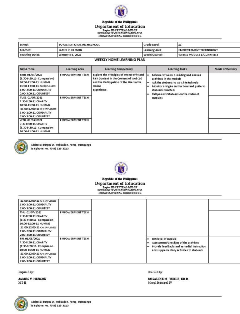 Q2 WEEK 1 EMPTECH-Weekly Home Learning Plan January 4-10 2021 | PDF | Human Nature | Learning