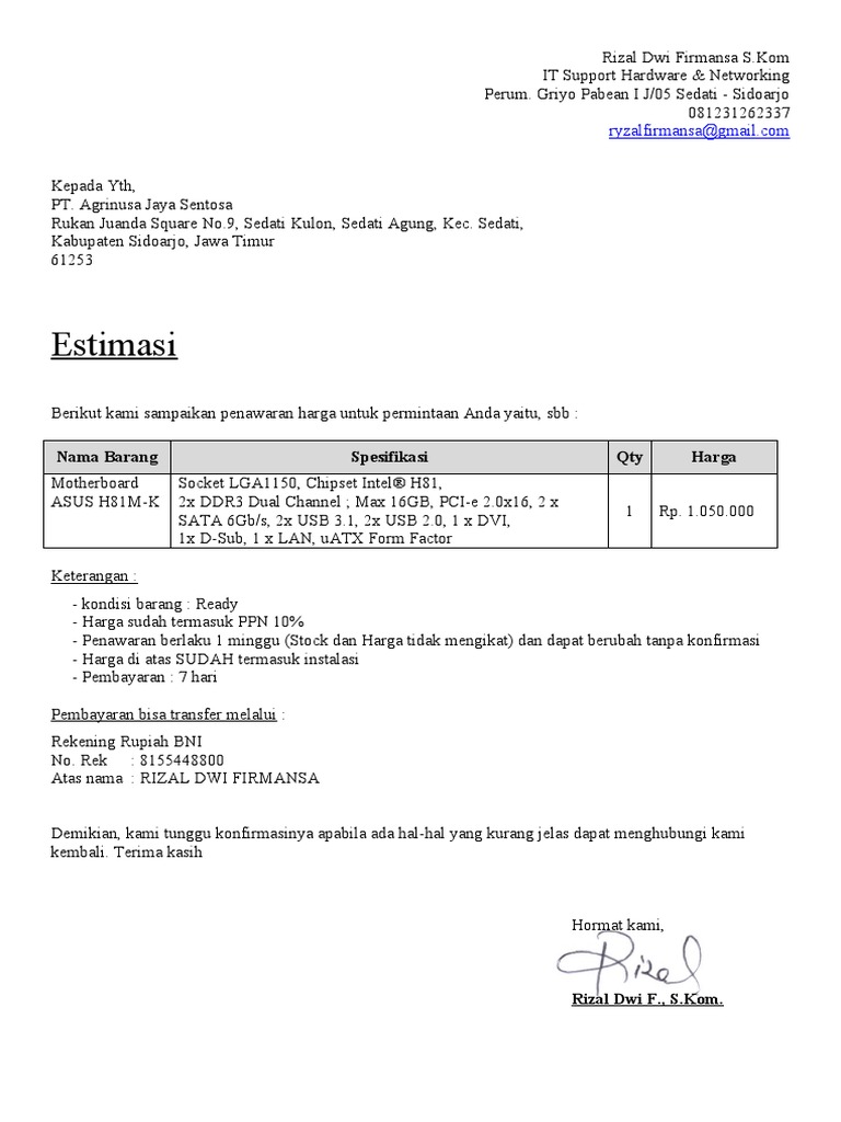 Contoh Surat Penawaran PT | PDF