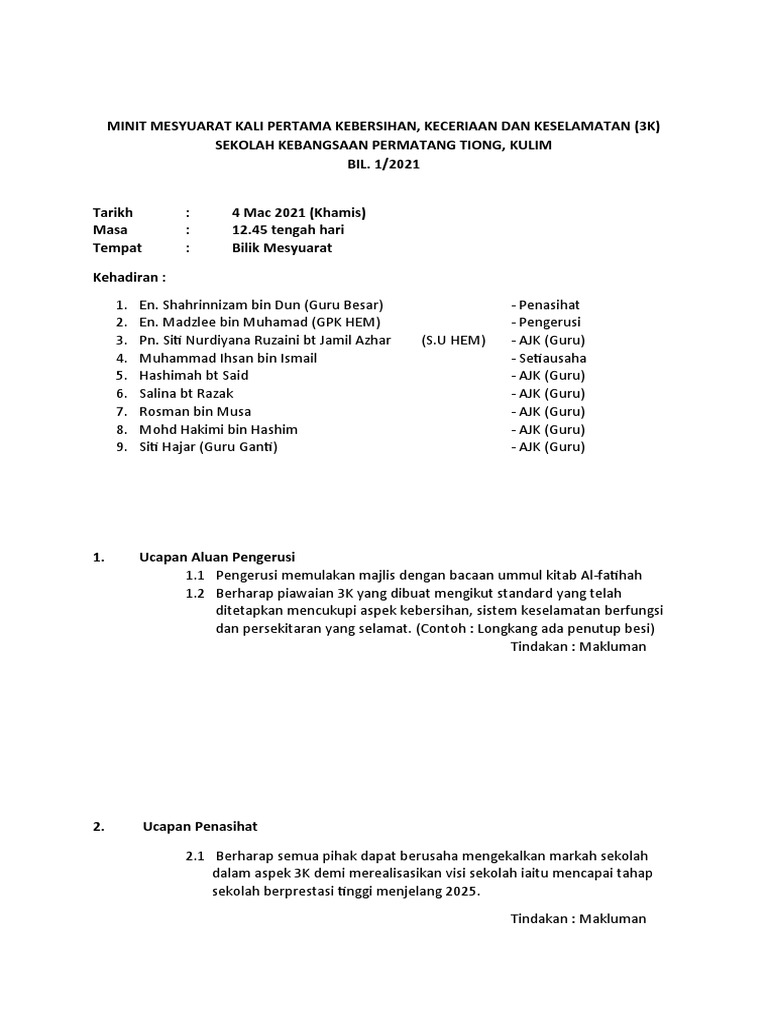 Contoh Minit Mesyuarat Penubuhan Sekolah - Agenda Mesyuarat