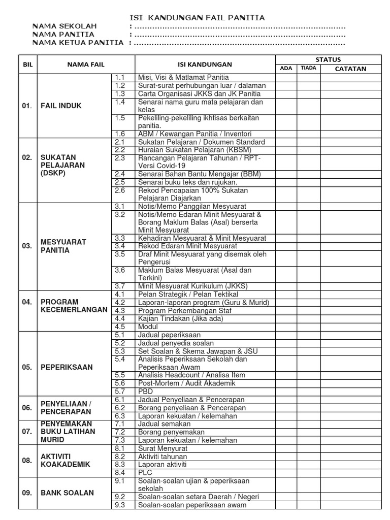 Isi Kandungan Fail Panitia | PDF