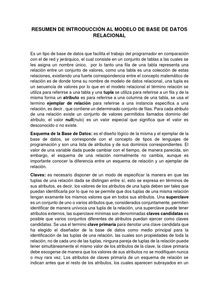 Resumen de Introducción Al Modelo de Base de Datos Relacional | PDF | Base de datos relacional ...