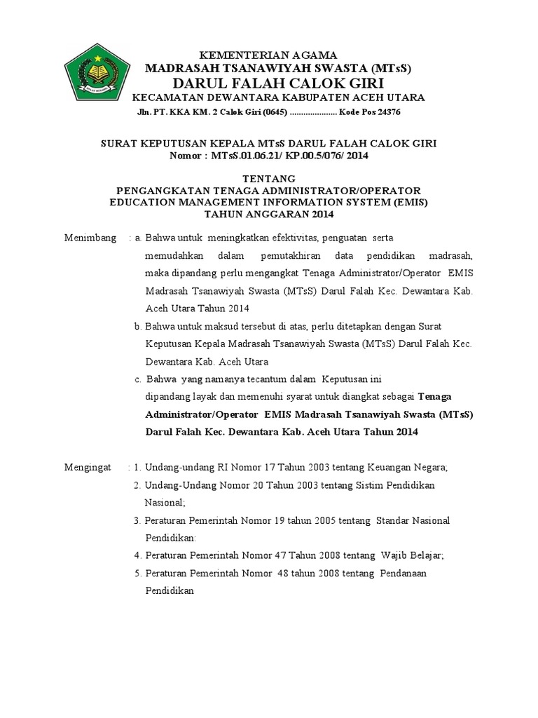 SK Emis Operator MTS Darul Falah | PDF