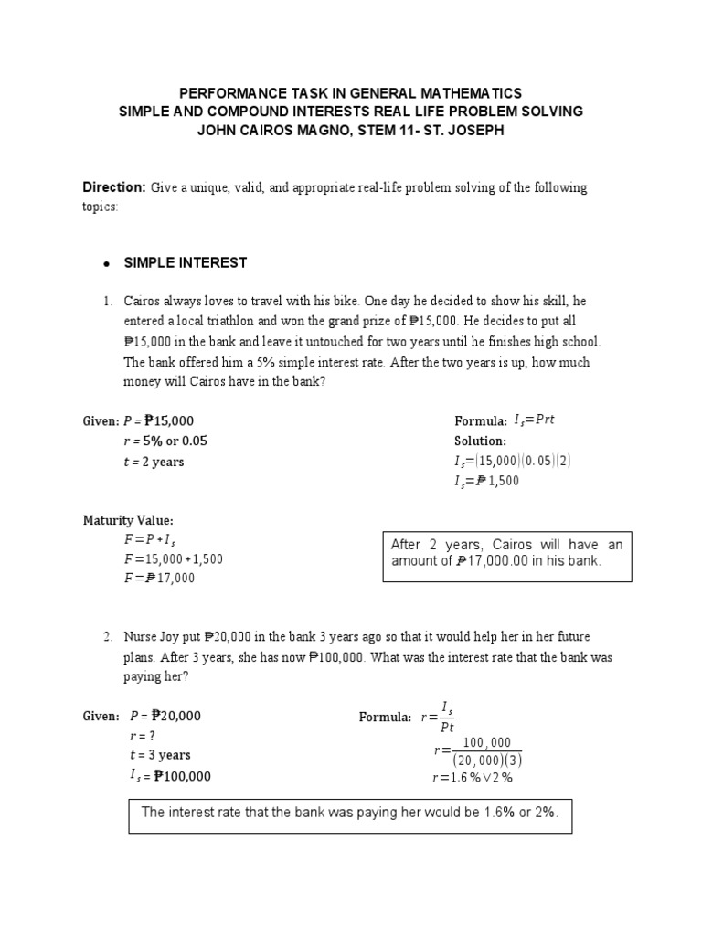 Performance Task in General Mathematics Simple and Compound Interests ...