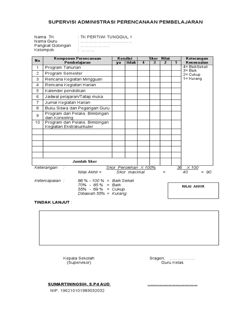 Supervisi Administrasi Perencanaan Pembelajaran Paud / TK | PDF