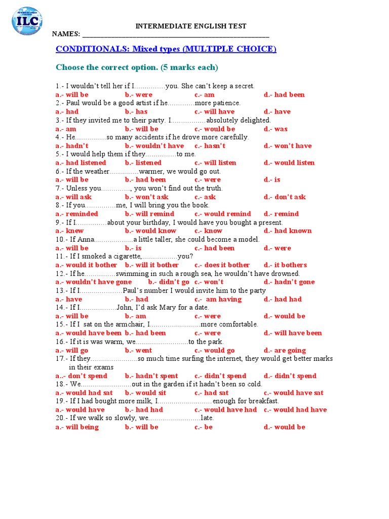 Intermediate English Test-Conditionals | PDF
