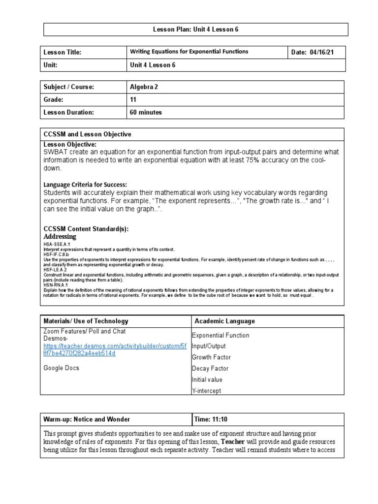 Lesson Plan - Unit 4 Lesson 6 Exponential Equations | PDF ...