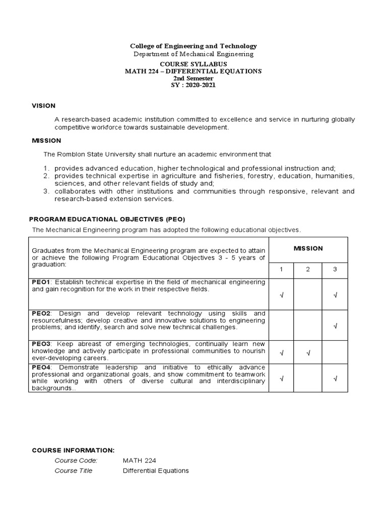 Course Syllabus Differential Equations | Download Free PDF ...