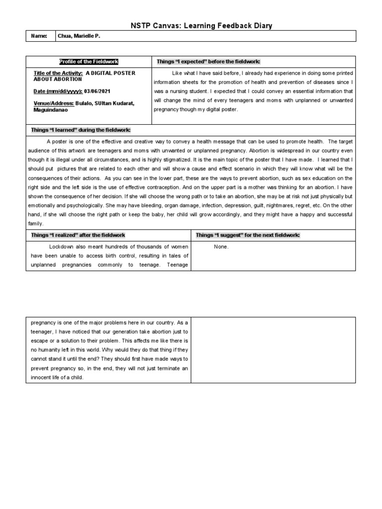 NSTP Canvas: Learning Feedback Diary: Profile of The Fieldwork ...