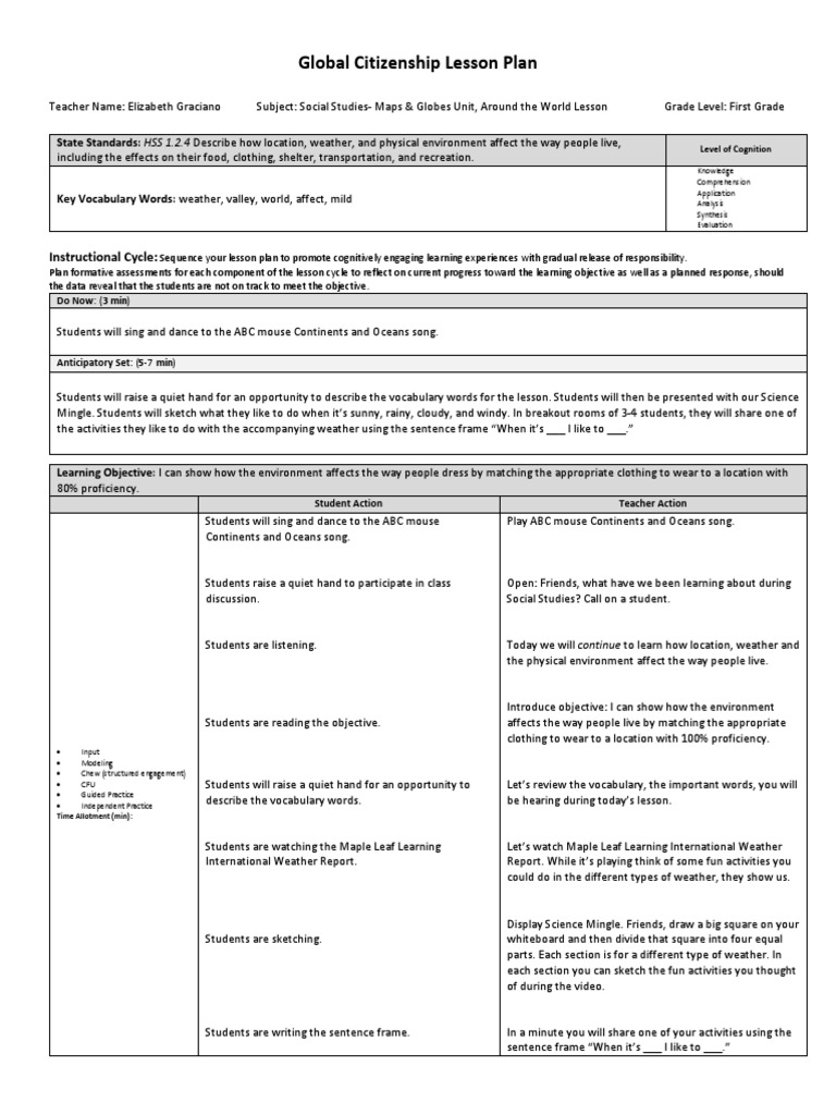 Global Citizenship Lesson Plan for First Grade | PDF | Lesson Plan ...