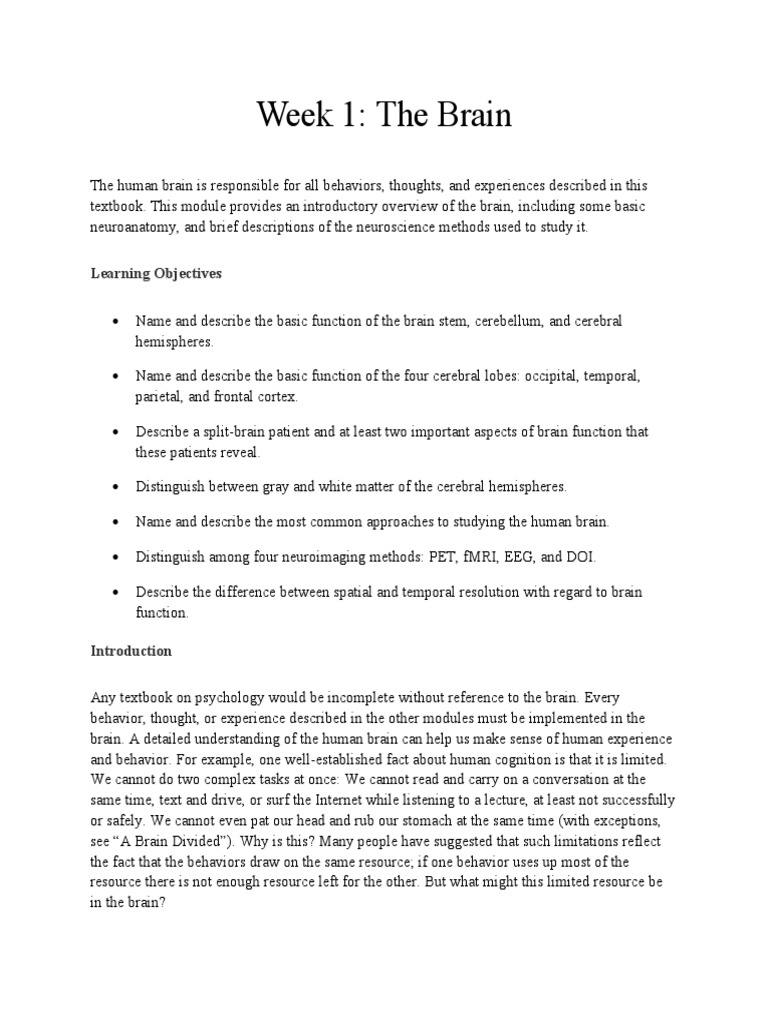 Week 1: The Brain: Learning Objectives | PDF | Cerebral Cortex ...
