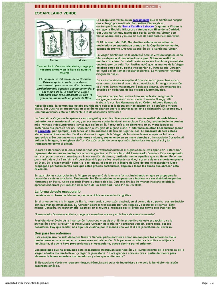 Escapulario Verde Del Inmaculado Corazón de María | PDF | María, madre de Jesús | Religión y ...