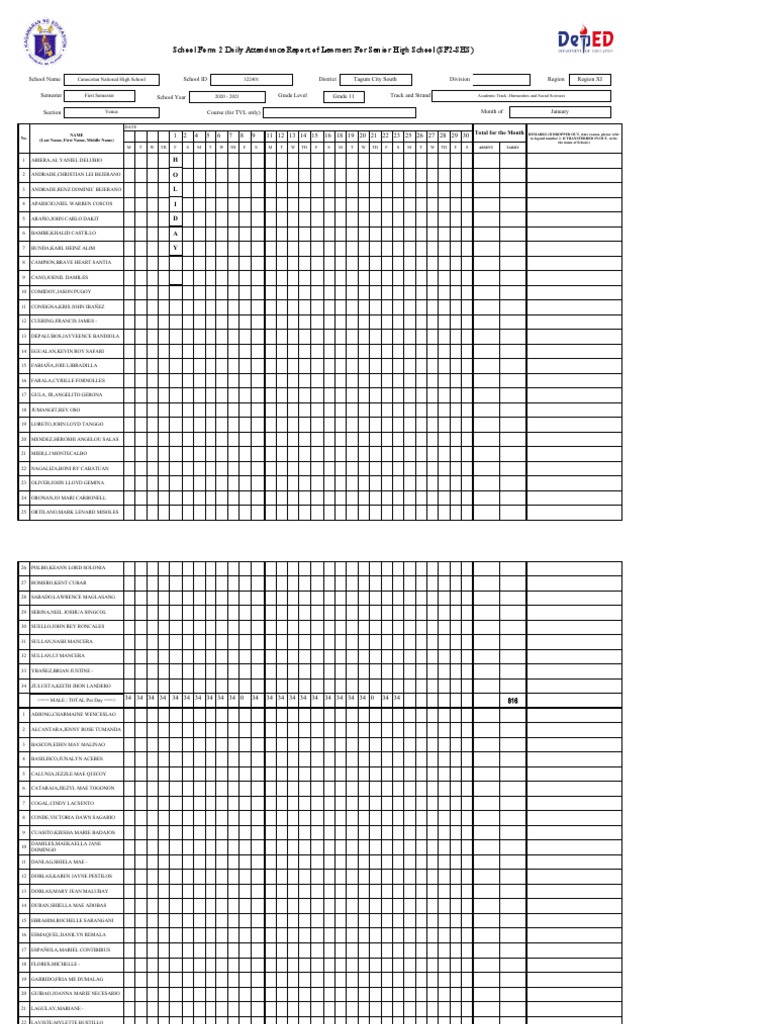 School Form 2 Daily Attendance Report of Learners For Senior High ...