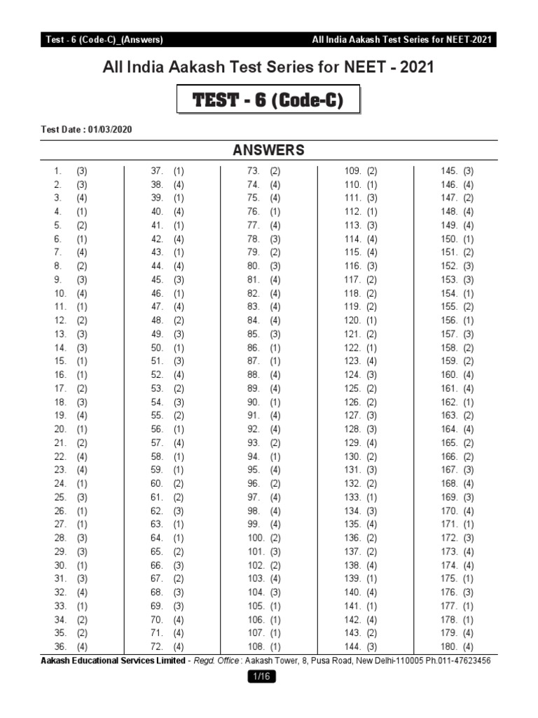 All India Aakash Test Series For NEET - 2021 TEST - 6 (Code-C) | PDF ...