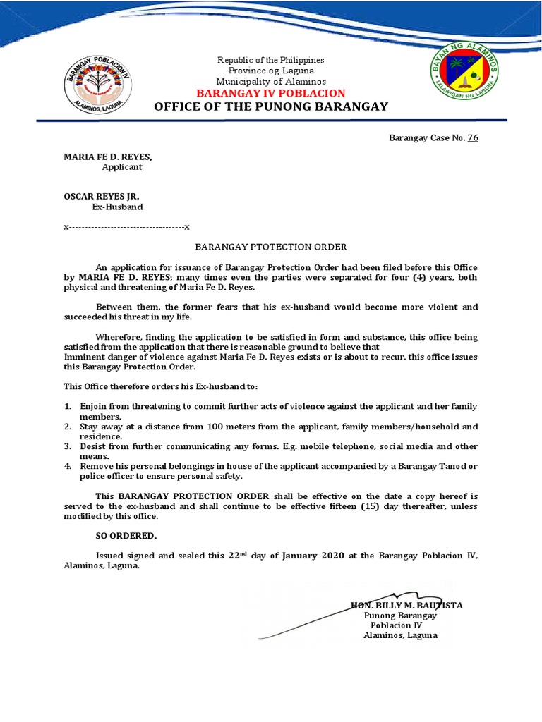 Barangay Protection Order Issued for Maria Fe D. Reyes Due to Violent ...