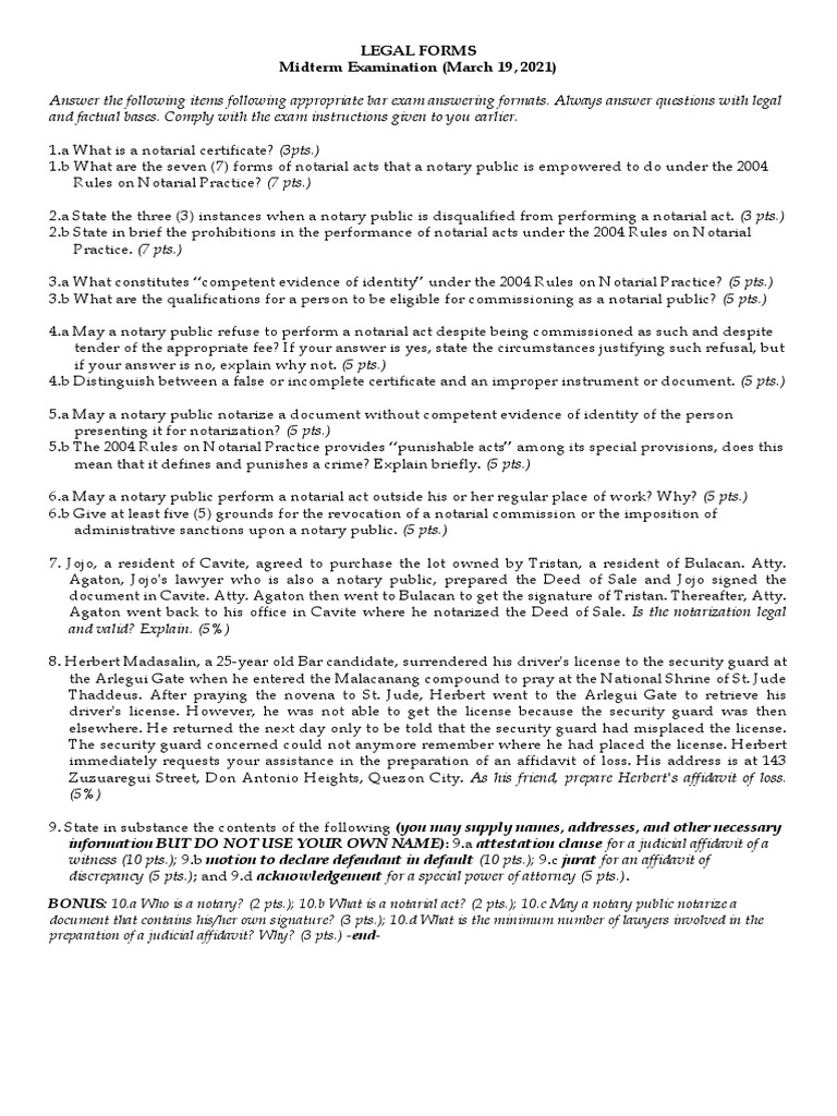 Legal Forms Midterm Exam 2021 | PDF | Notary Public | Affidavit