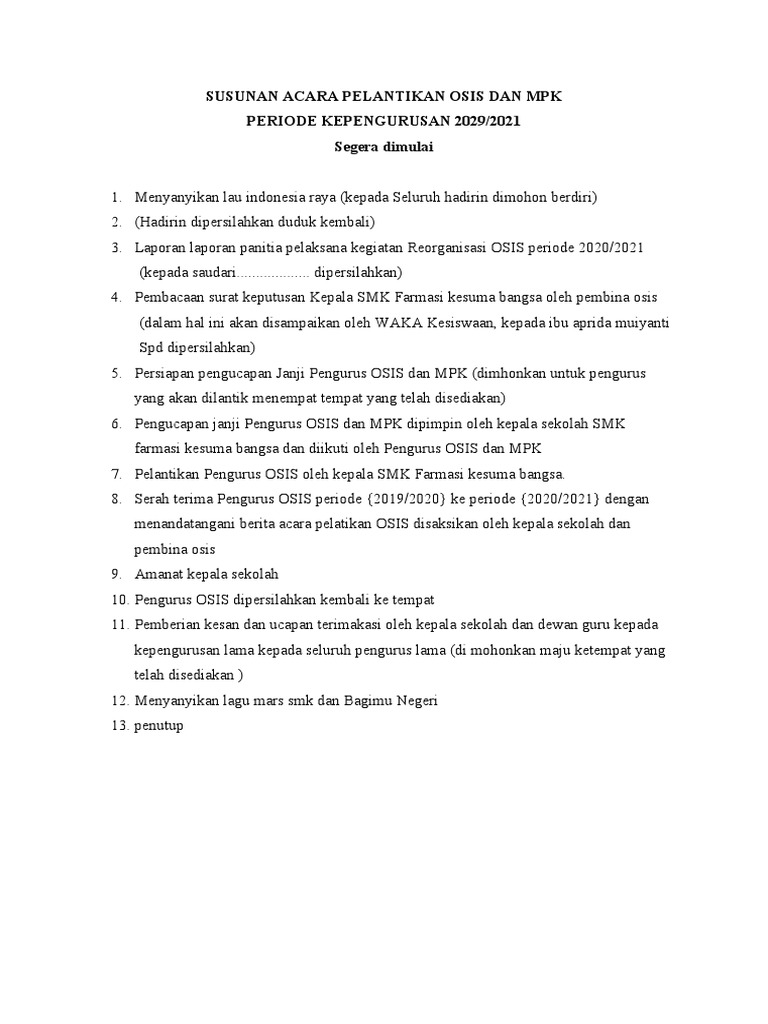Susunan Acara Pelantikan Osis Dan MPK | PDF