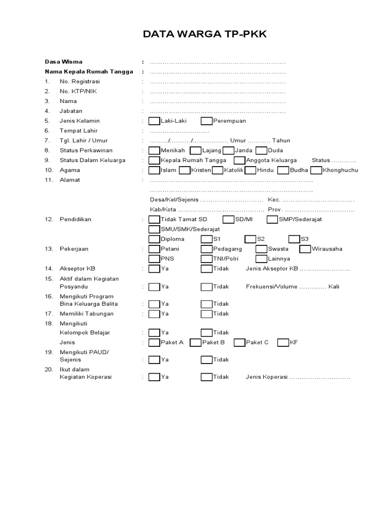 Format Data Warga PKK & Catatan Keluarga | PDF