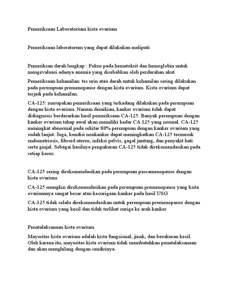 Pemeriksaan Lab Penatalaksanaan Kista Ovaiurm Dan Infeksi Saluran ...