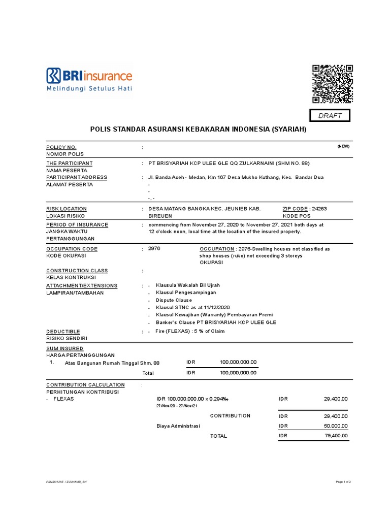 Indonesian Fire Insurance Policy | PDF