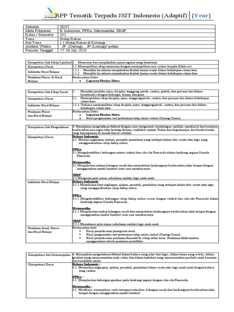 RPP Tematik Terpadu JSIT Indonesia | PDF