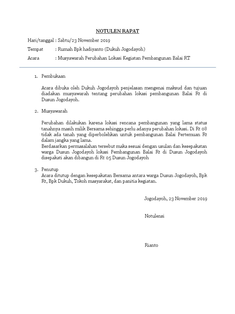 Notulen Musyawarah Pembangunan Balai RT | PDF | Griya & Taman