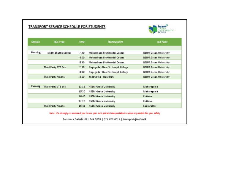 Transport Service Schedule For Students: Session Bus Type Time Starting ...